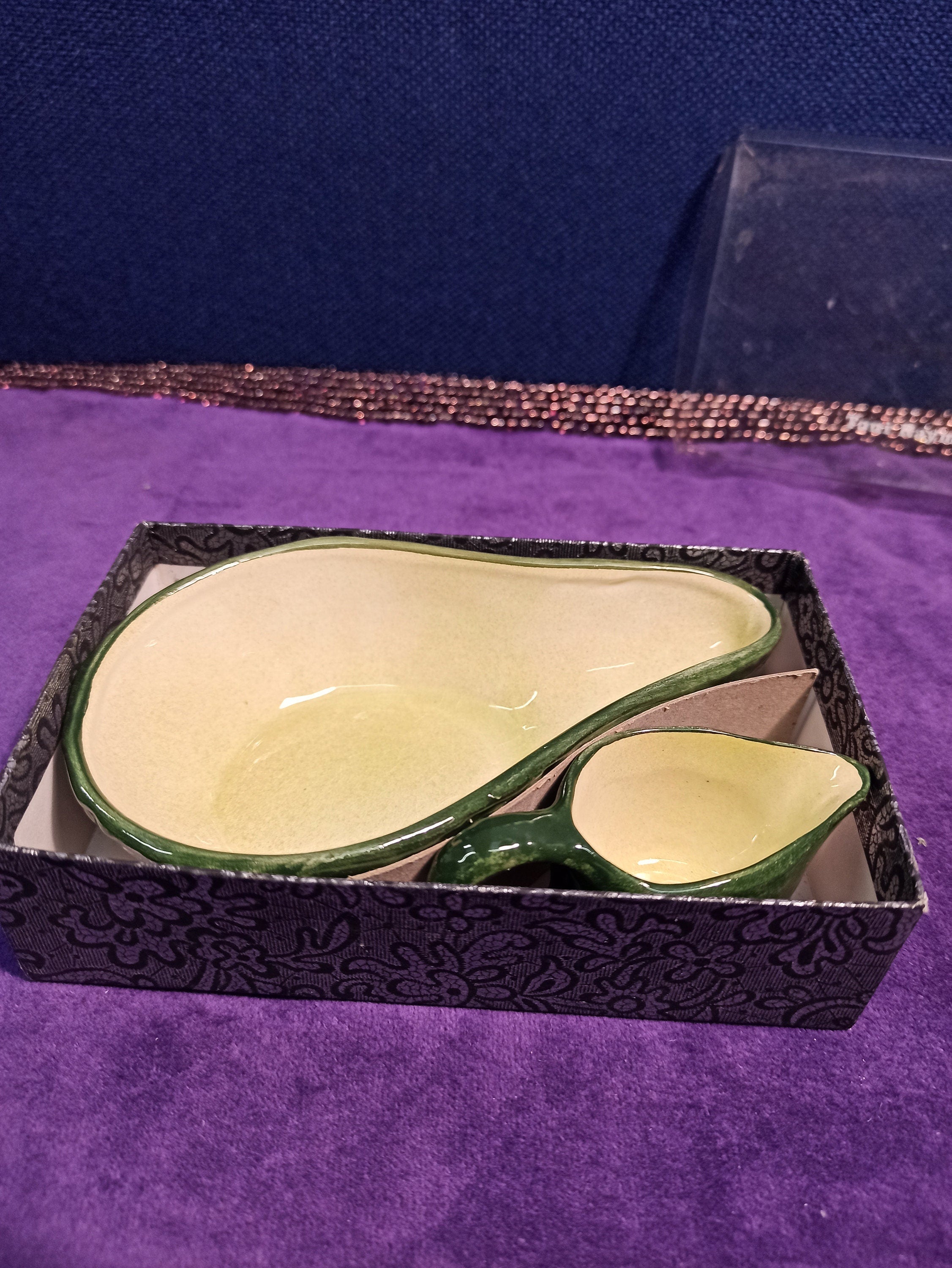 Vintage Avocado Dish And Boat Toni Raymond Pottery Ltd C1970s The